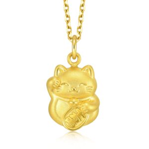 chow sang sang 999 24k solid gold maneki neko lucky cat charm pendant for women 91976p [not include the necklace]