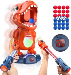 movable dinosaur shooting toys for kids games with 2 air pump gun, party toys with score record, led & sound, 48 foam balls electronic target practice gift for boys and girls