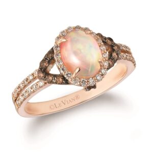 le vian 2/5 carat diamond and 3/5 carat opal cabochon oval halo split shank ring for women in 14k rose gold (fancy brown/h-i, si1-si2, cttw) promise anniversary ring size 7 by levian