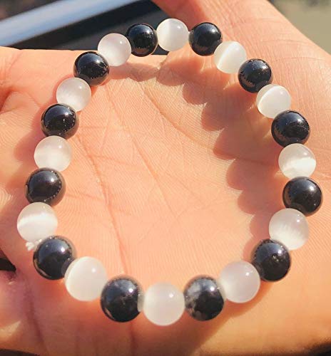 crystalmiracle Selenite Black Tourmaline Beaded 7 Mm Round String Crystal Gemstone Fashion Gift Wellness Positive Energy Handcrafted Accessory