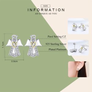 CZ Angel Stud Earrings for Women 925 Sterling Silver Cubic Zirconia Small Cute Crystal Gold Heart Studs Tragus Post Hypoallergenic Lovely Jewelry Gift for Daughter Niece