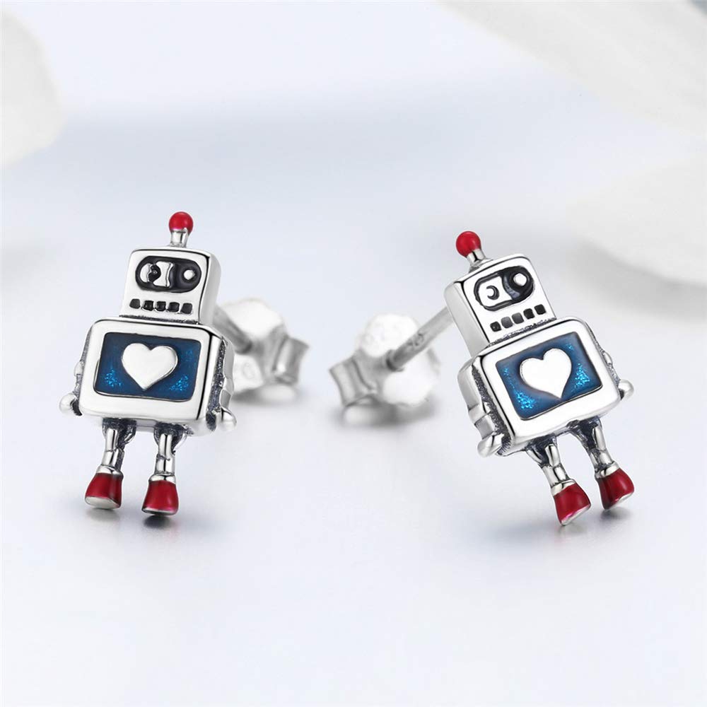 Cute Astronaut Sterling Silver Small Stud Earrings for Women Men Personalized Unique Robot Saucerman Love Heart Studs Tragus Post Hypoallergenic Unisex Jewelry (Robot)