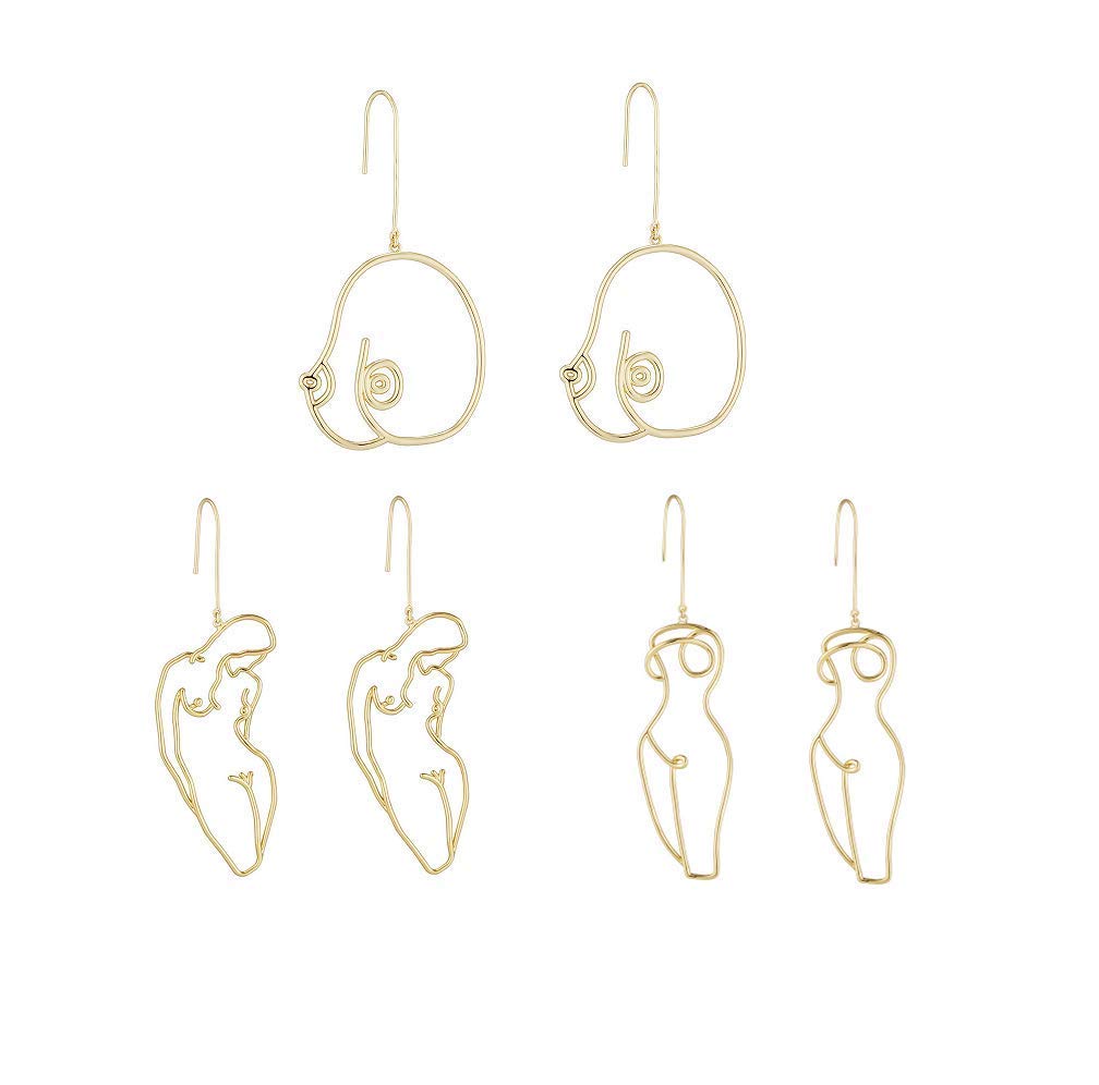 3 Pairs Cute boob earrings Abstract gold female Body Earrings Picasso women shape earrings wire face earrings-3 pairs