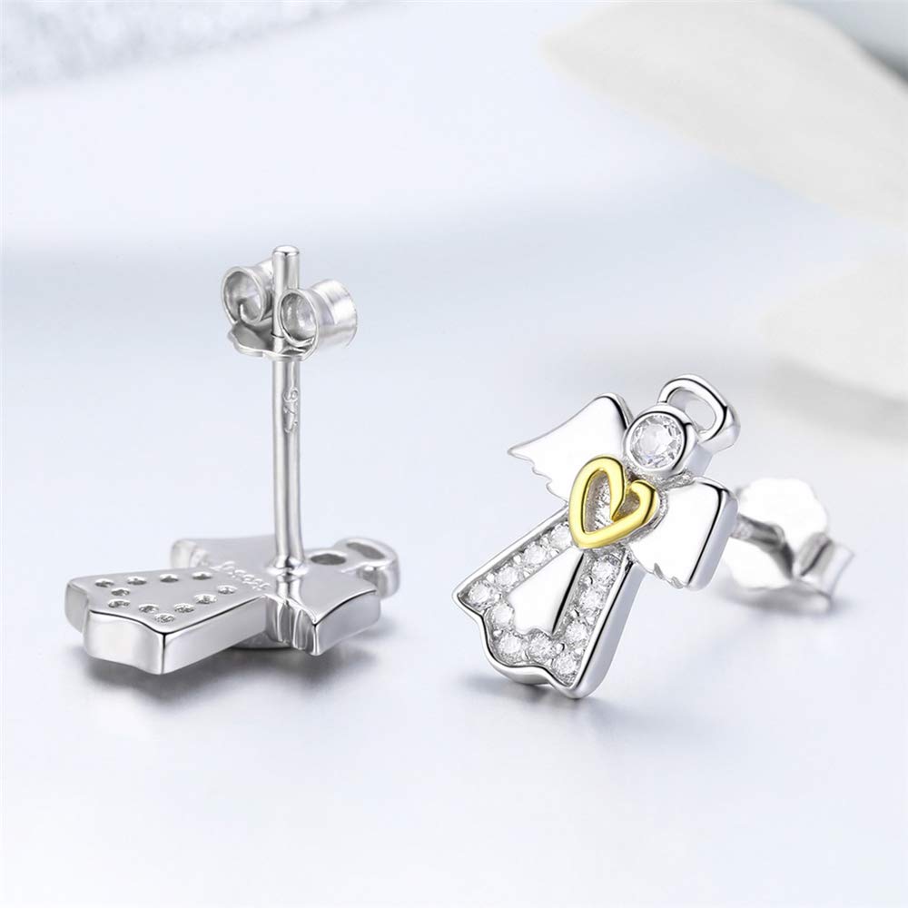 CZ Angel Stud Earrings for Women 925 Sterling Silver Cubic Zirconia Small Cute Crystal Gold Heart Studs Tragus Post Hypoallergenic Lovely Jewelry Gift for Daughter Niece