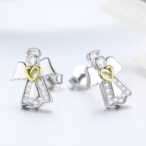 CZ Angel Stud Earrings for Women 925 Sterling Silver Cubic Zirconia Small Cute Crystal Gold Heart Studs Tragus Post Hypoallergenic Lovely Jewelry Gift for Daughter Niece