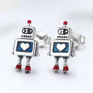 Cute Astronaut Sterling Silver Small Stud Earrings for Women Men Personalized Unique Robot Saucerman Love Heart Studs Tragus Post Hypoallergenic Unisex Jewelry (Robot)