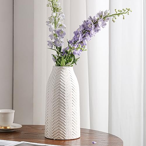 hjn White Vase for Flowers Ceramic Vase for Decor, Modern Decorative Vase Tall Vases for Your Kitchen/Office/Living Room/Bookshelf/Mantel - White Texture(Medium