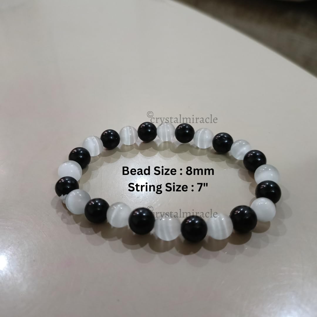 crystalmiracle Selenite Black Tourmaline Beaded 7 Mm Round String Crystal Gemstone Fashion Gift Wellness Positive Energy Handcrafted Accessory