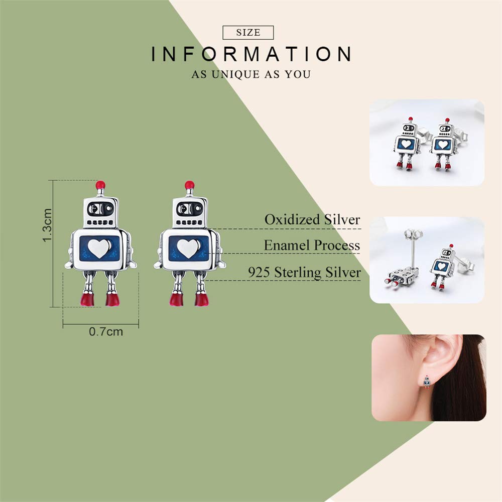 Cute Astronaut Sterling Silver Small Stud Earrings for Women Men Personalized Unique Robot Saucerman Love Heart Studs Tragus Post Hypoallergenic Unisex Jewelry (Robot)