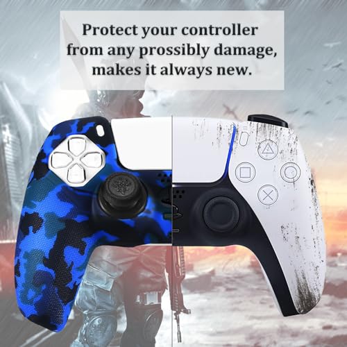 YoRHa Grip Texture Printing Silicone Cover Skin for PS5 Controller x 2(Camouflage Red+Blue) with Pro Thumb Grips x 8