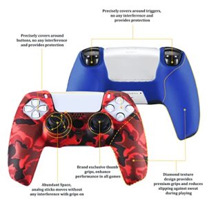 YoRHa Grip Texture Printing Silicone Cover Skin for PS5 Controller x 2(Camouflage Red+Blue) with Pro Thumb Grips x 8