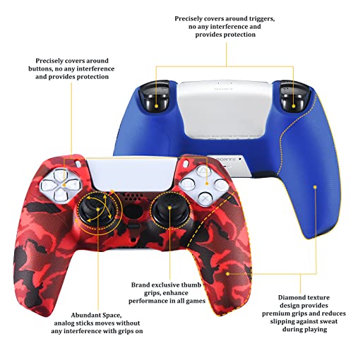 YoRHa Grip Texture Printing Silicone Cover Skin for PS5 Controller x 2(Camouflage Red+Blue) with Pro Thumb Grips x 8