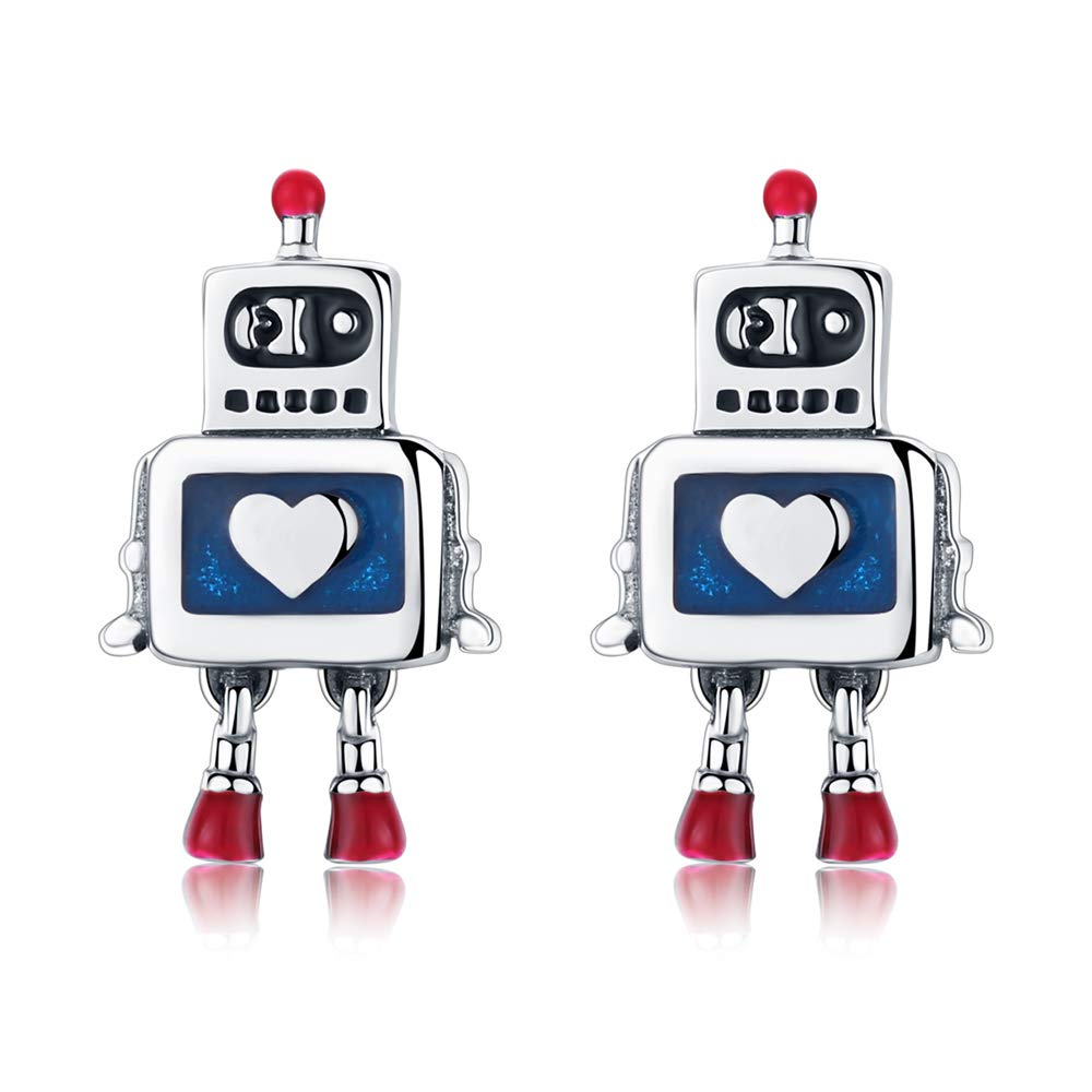 Cute Astronaut Sterling Silver Small Stud Earrings for Women Men Personalized Unique Robot Saucerman Love Heart Studs Tragus Post Hypoallergenic Unisex Jewelry (Robot)