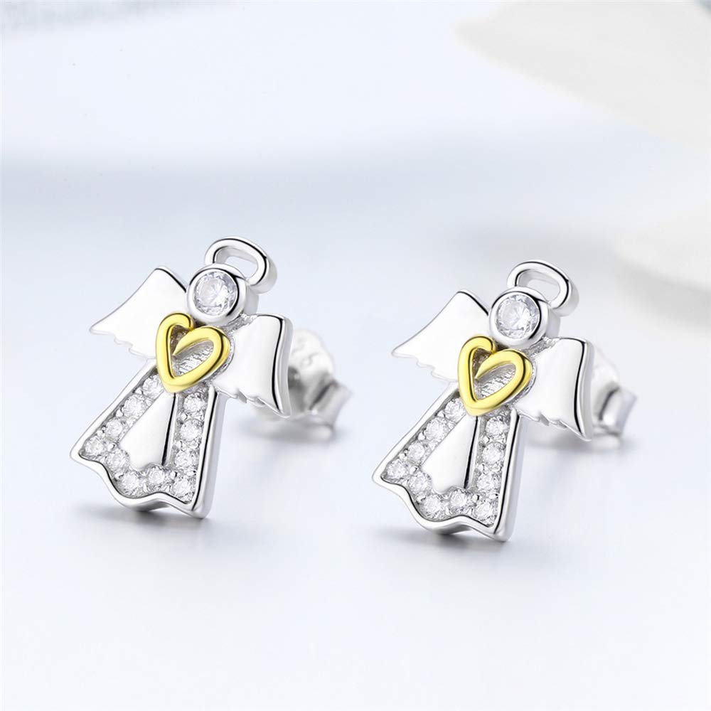 CZ Angel Stud Earrings for Women 925 Sterling Silver Cubic Zirconia Small Cute Crystal Gold Heart Studs Tragus Post Hypoallergenic Lovely Jewelry Gift for Daughter Niece