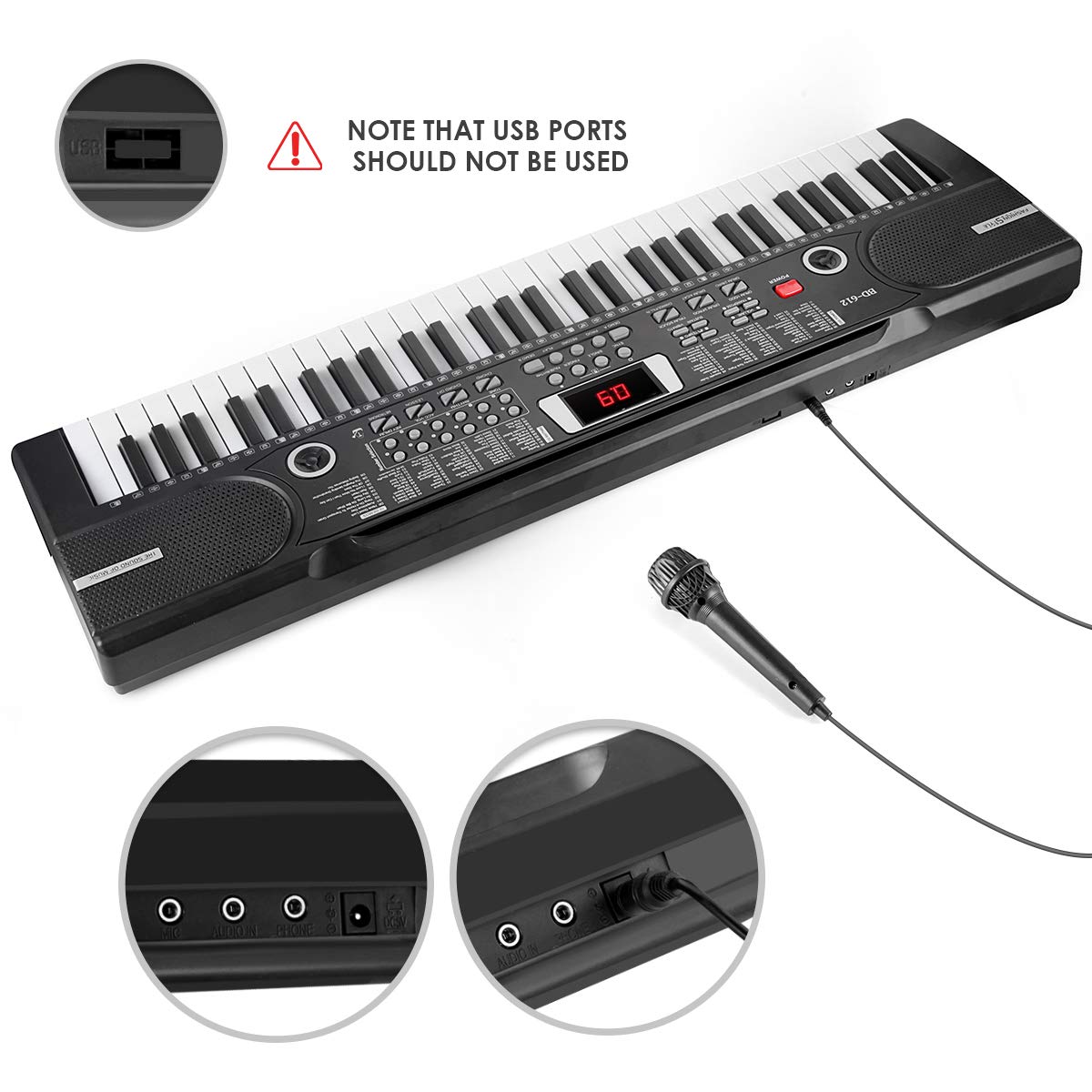 Heren 61 Keys Keyboard Piano, Electronic Digital Piano with Built-In Speaker Microphone, Sheet Stand and Power Supply, Portable Keyboard Gift Teaching for Beginners (Black)