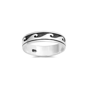 krunan s925 sterling silver ocean surfer wave ring for men, women, kids, pinky, thumb. created white blue opal cute, fun, dainty band. tropical hawaiian island beach jewelry (5mm wave band, 10)