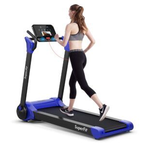 goplus 2.25hp electric folding treadmill, installation-free design with 8-stage damping system, large led touch display and blue tooth speaker, compact running machine, superfit treadmill for home use