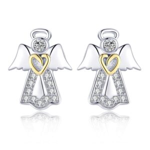 cz angel stud earrings for women 925 sterling silver cubic zirconia small cute crystal gold heart studs tragus post hypoallergenic lovely jewelry gift for daughter niece