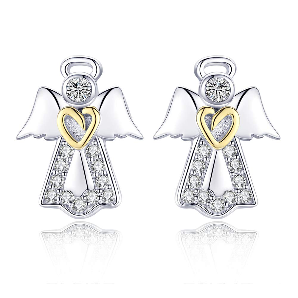 CZ Angel Stud Earrings for Women 925 Sterling Silver Cubic Zirconia Small Cute Crystal Gold Heart Studs Tragus Post Hypoallergenic Lovely Jewelry Gift for Daughter Niece