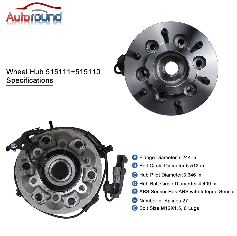 Autoround 4WD Both Front Driver Passenger Side Wheel Bearing and Hub Assembly Compatible with Chevy Colorado, GMC Canyon, Isuzu i-350, i-370 4x4 2004 2005 2006 2007 2008 6 Lug w/ABS 515111 515110