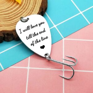 Couple Gift I Will Love You Till The End of The Line Fishing Lure Hook Boyfriend Husband Valentines Wedding Anniversary Christmas Birthday Gifts for Fiance Fishing Gifts for Him Her Fisherman Gifts