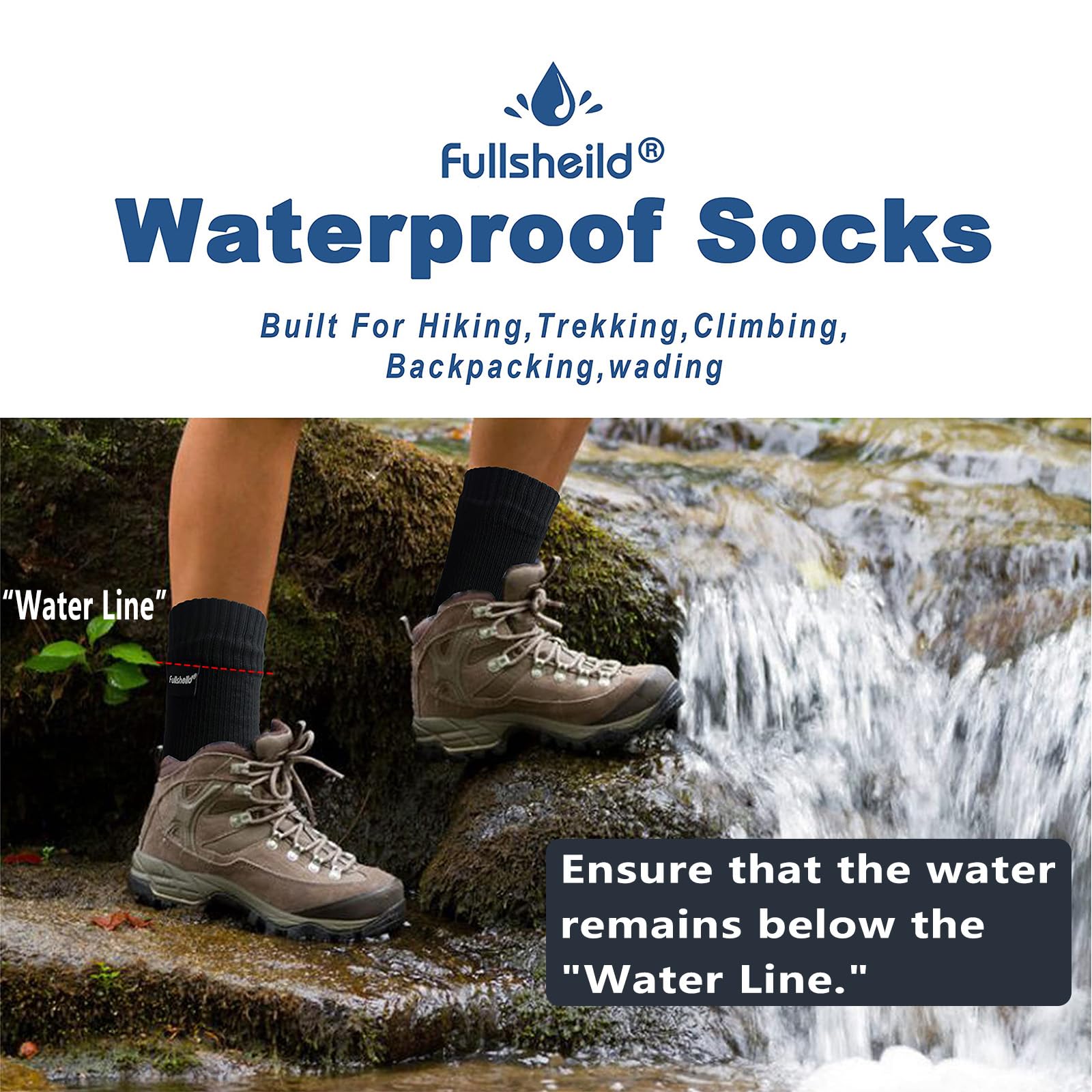 Fullsheild Men’s Waterproof Hiking Socks, Unisex Breathable Outdoor Athletic Hiking Wading Trail Running Skiing Crew Socks Black L