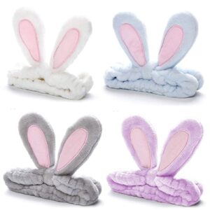 whaline 4 pack easter bunny makeup headband rabbit ear spa hair band coral fleece elastic head wrap stretchy headband for party face washing beauty shower women girls (blue, white, gray, purple)