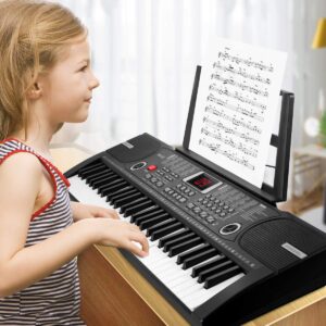 Heren 61 Keys Keyboard Piano, Electronic Digital Piano with Built-In Speaker Microphone, Sheet Stand and Power Supply, Portable Keyboard Gift Teaching for Beginners (Black)