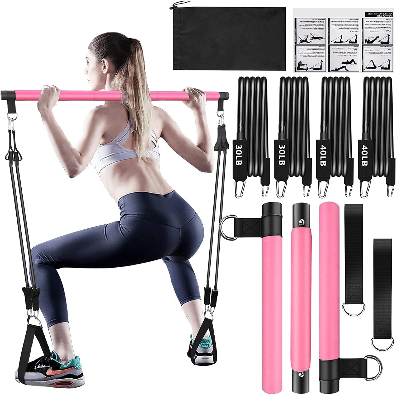 Bbtops Pilates Bar Kit with Resistance Bands(4 x Bands),3-Section Pilates Bar with Stackable Bands Workout Equipment for Legs,Hip,Waist and Arm (Pink30lbs,40lbs)