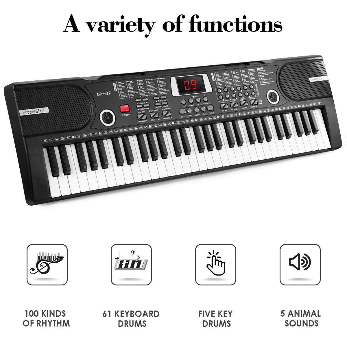 Heren 61 Keys Keyboard Piano, Electronic Digital Piano with Built-In Speaker Microphone, Sheet Stand and Power Supply, Portable Keyboard Gift Teaching for Beginners (Black)