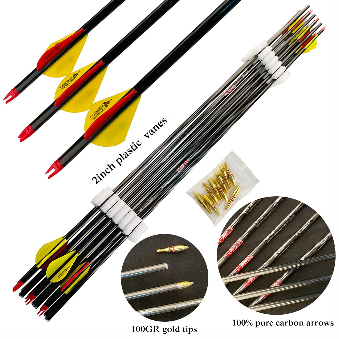 Linkboy Archery Carbon Arrow Hunting Practice Target Arrow with Removable Tip for Compound Recurve Bows, Spine 340,29inch Pack of 12PCS