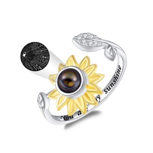 fookduoduo sunflower ring for women 925 sterling silver jewelry you are my sunshine flower ring projection finger adjustable i love you 100 language ring for girlfriend wife