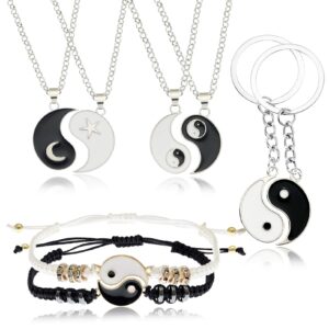 rechicgu gold and silver 8 pieces yin yang bff couples matching necklace adjustable cord bracelet and key chain rings enamel feng shui for boyfriend girlfriend friendship valentine gift