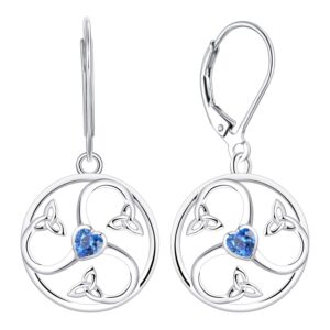 jo wisdom women earrings,925 sterling silver triquetra celtic triskele spiral trinity knot drop & dangle earrings with heart cut 3a cubic zirconia march birthstone aquamarine color