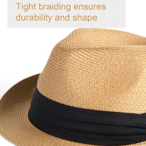 FURTALK Fedora Straw Sun Hat for Men Women Foldable Roll Up Short Brim Trilby Hat Panama Beach Hat UPF 50+ (Khaki, Medium)