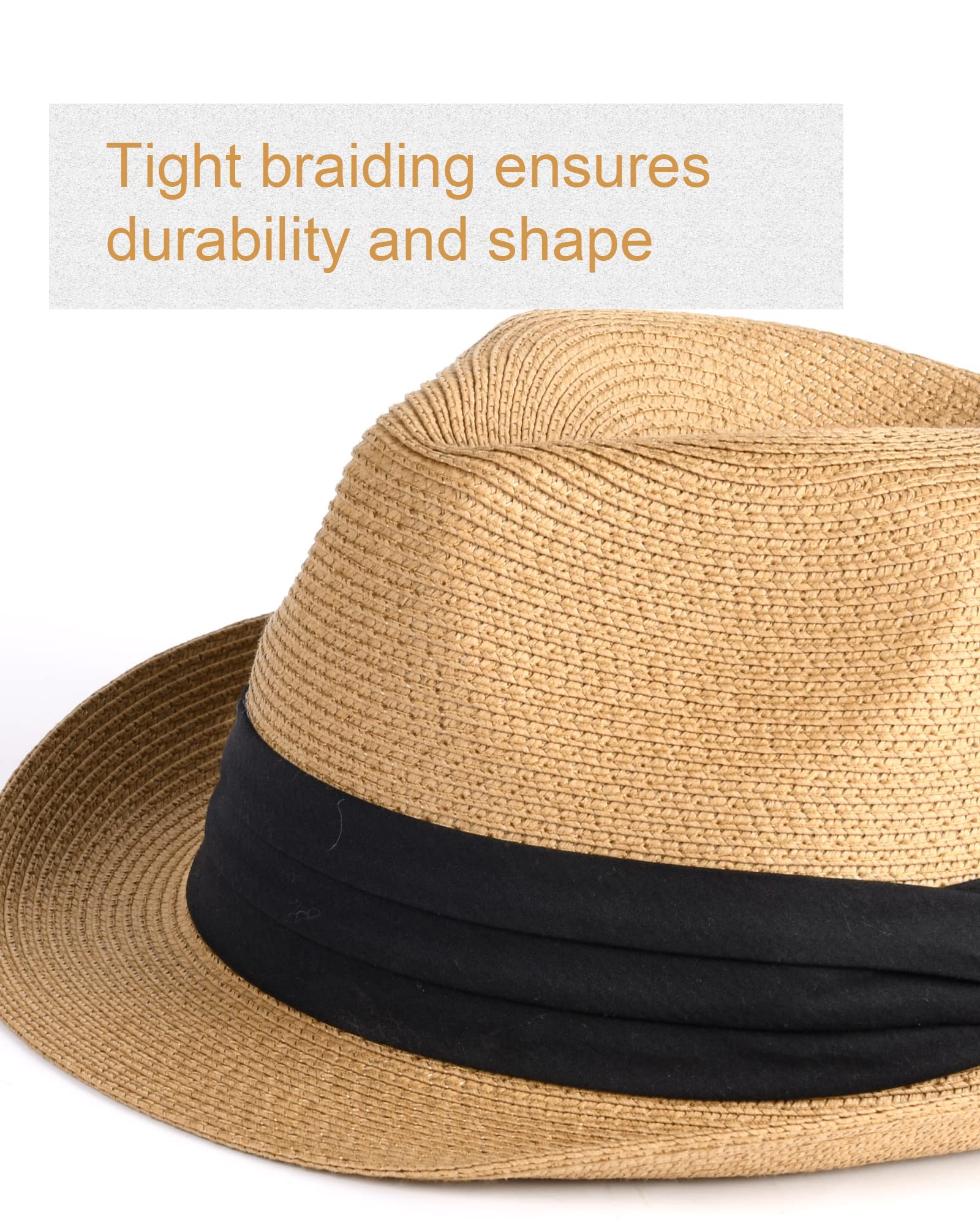 FURTALK Fedora Straw Sun Hat for Men Women Foldable Roll Up Short Brim Trilby Hat Panama Beach Hat UPF 50+ (Khaki, Medium)