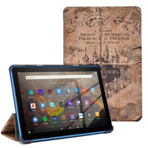 case for amazon fire hd 10 tablet 7th / 9th generation 2017/2019 release, pu leather folding stand cover backshell with auto wake/sleep, marauder's map vintage