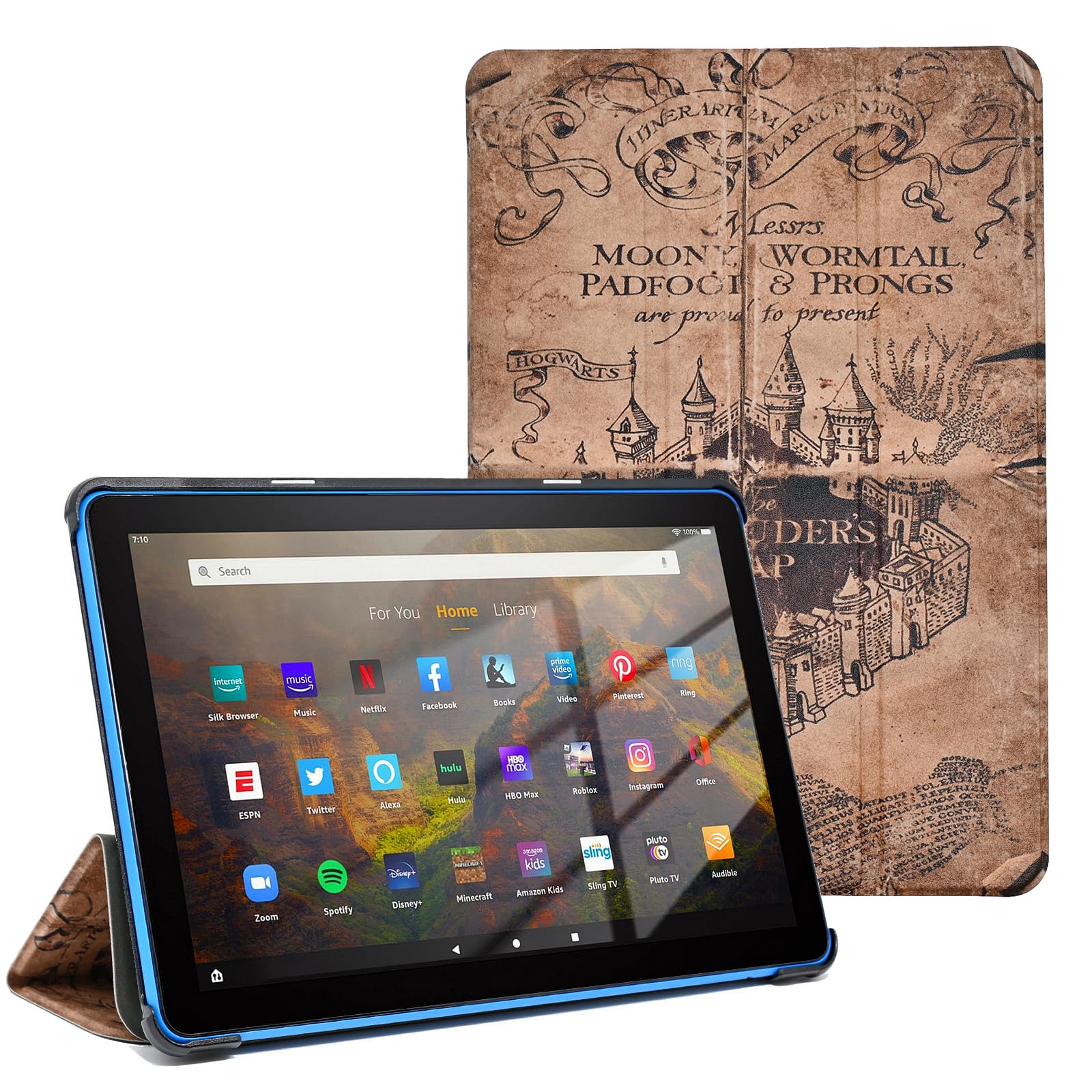 Case for Amazon Fire HD 10 Tablet 7th / 9th Generation 2017/2019 Release, PU Leather Folding Stand Cover Backshell with Auto Wake/Sleep, Marauder's Map Vintage