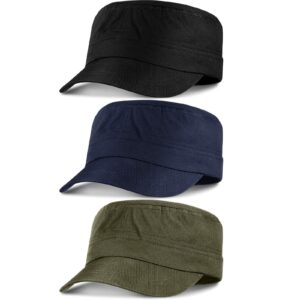 syhood 3 pieces cadet army caps military army hat cotton fitted adjustable twill flat caps solid color unisex cadet hat brim for men women