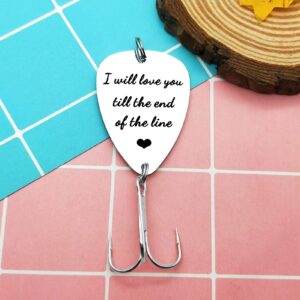 Couple Gift I Will Love You Till The End of The Line Fishing Lure Hook Boyfriend Husband Valentines Wedding Anniversary Christmas Birthday Gifts for Fiance Fishing Gifts for Him Her Fisherman Gifts