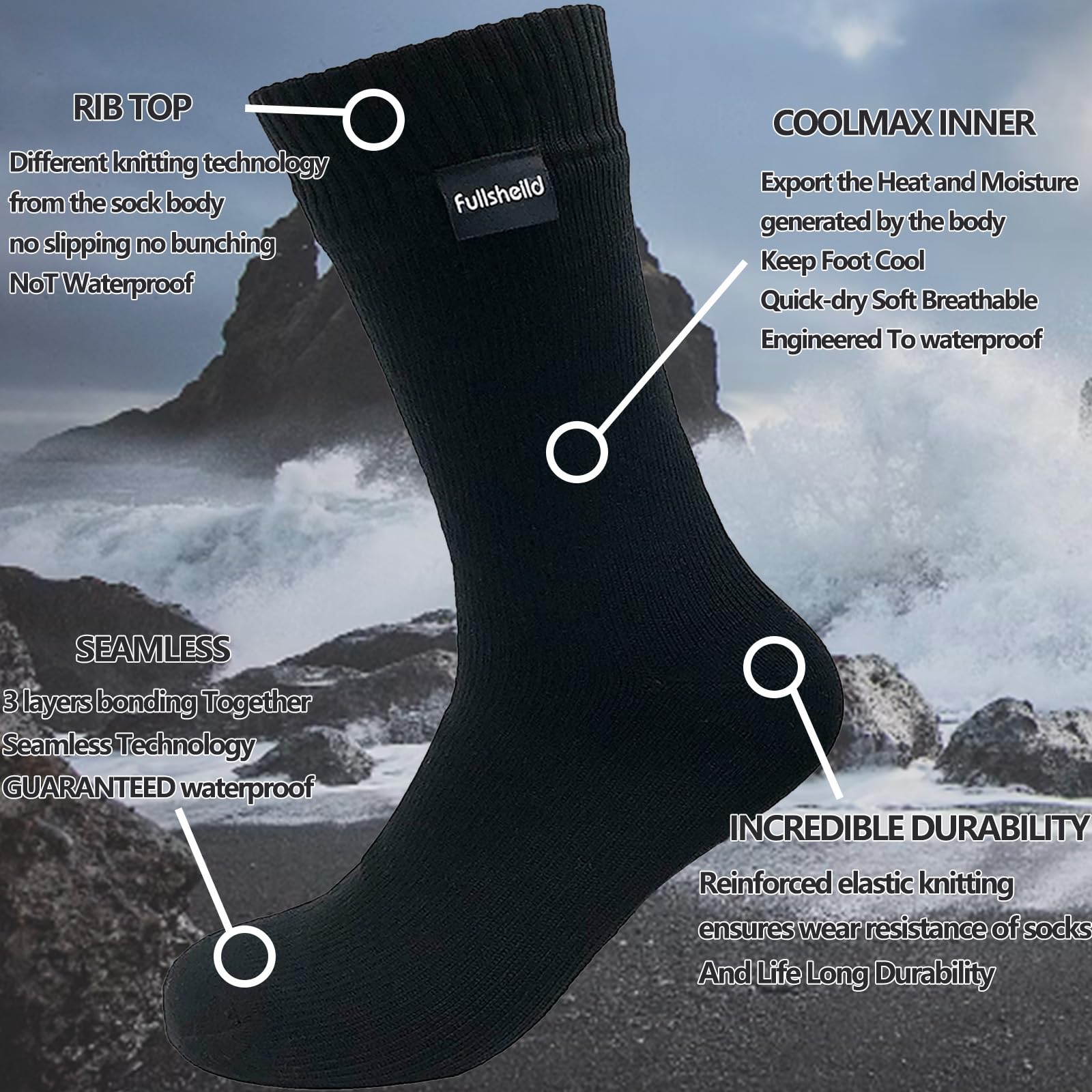 Fullsheild Men’s Waterproof Hiking Socks, Unisex Breathable Outdoor Athletic Hiking Wading Trail Running Skiing Crew Socks Black L