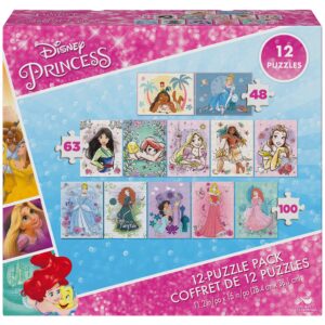 disney princess, 12-puzzle pack 48-piece 63-piece 100-piece jigsaw puzzles for kids ariel moana cinderella jasmine, for preschoolers ages 4 and up