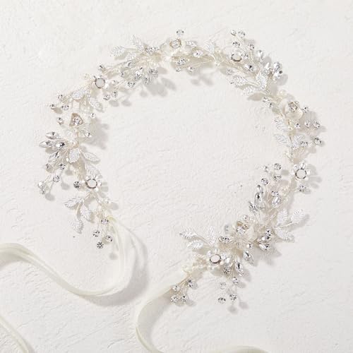 SWEETV Flower-Leaf Bridal Headpieces for Wedding Hair Band for Brides Headband Rhinestone Wedding Headband Silver Flower Girl Bridesmaid Hair Vine