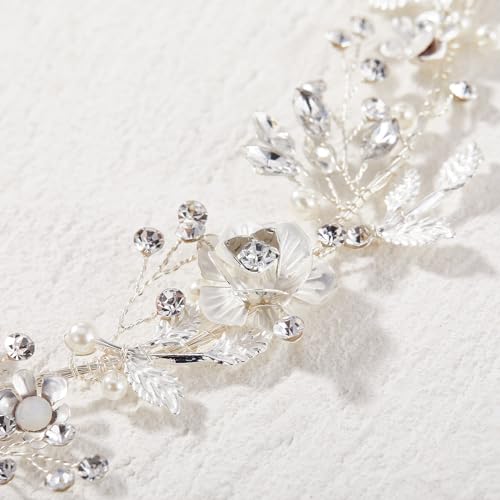 SWEETV Flower-Leaf Bridal Headpieces for Wedding Hair Band for Brides Headband Rhinestone Wedding Headband Silver Flower Girl Bridesmaid Hair Vine