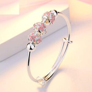 925 Sterling Silver Bangle Pink White Enamel Cherry Blossom Flower Bracelet for Women Lucky Bead Bracelet