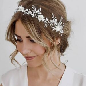 SWEETV Flower-Leaf Bridal Headpieces for Wedding Hair Band for Brides Headband Rhinestone Wedding Headband Silver Flower Girl Bridesmaid Hair Vine