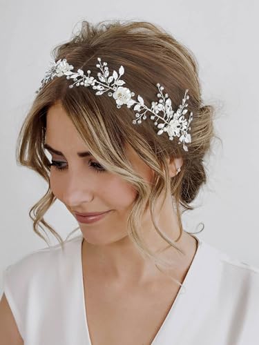 SWEETV Flower-Leaf Bridal Headpieces for Wedding Hair Band for Brides Headband Rhinestone Wedding Headband Silver Flower Girl Bridesmaid Hair Vine