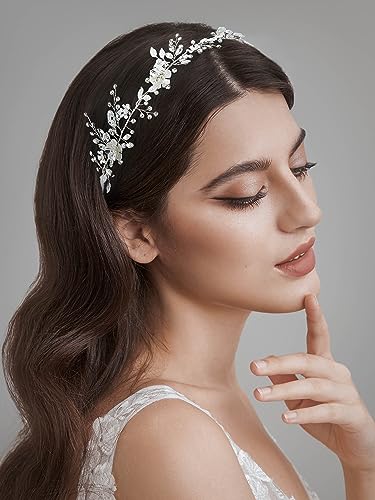 SWEETV Flower-Leaf Bridal Headpieces for Wedding Hair Band for Brides Headband Rhinestone Wedding Headband Silver Flower Girl Bridesmaid Hair Vine