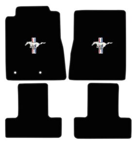 acc mats compatible with 2010-2014 ford mustang - 4 pc black carpet floor mat set w/pony tri-bar logo on front mats