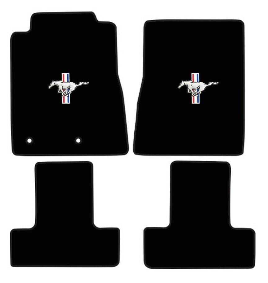 ACC Mats Compatible with 2010-2014 Ford Mustang - 4 PC Black Carpet Floor Mat Set w/Pony Tri-Bar Logo on Front Mats